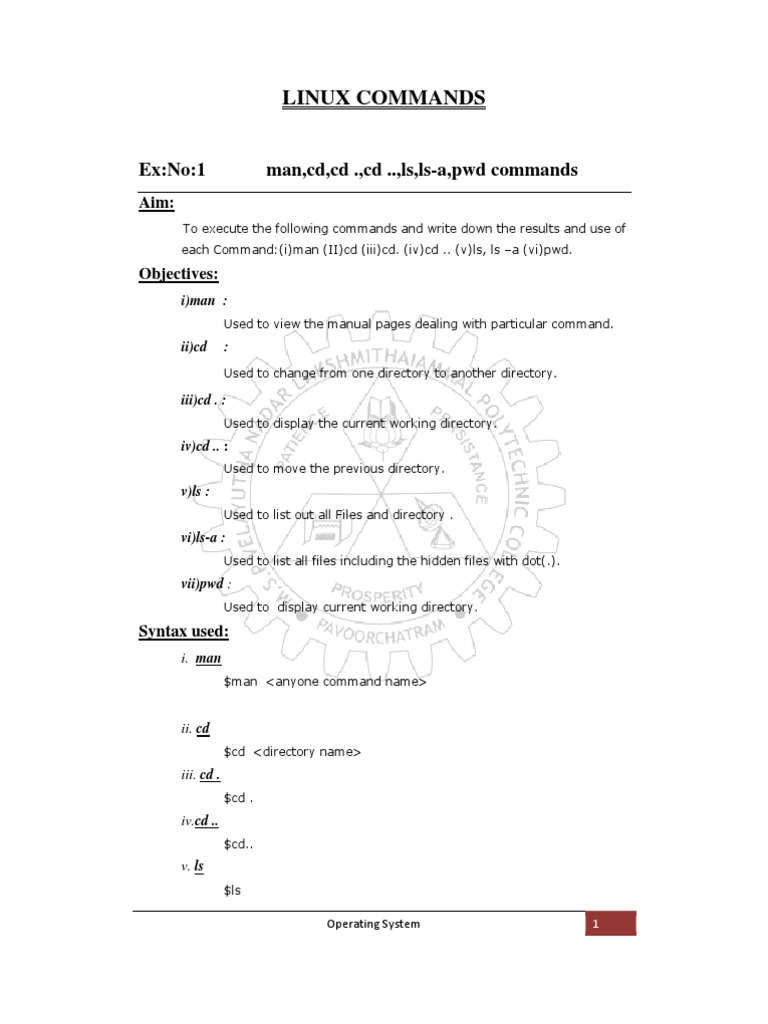 Linux Commands: Ex:No:1 Man, CD, CD .,CD ..,LS, Ls-A, PWD Commands | PDF | Thread (Computing ...