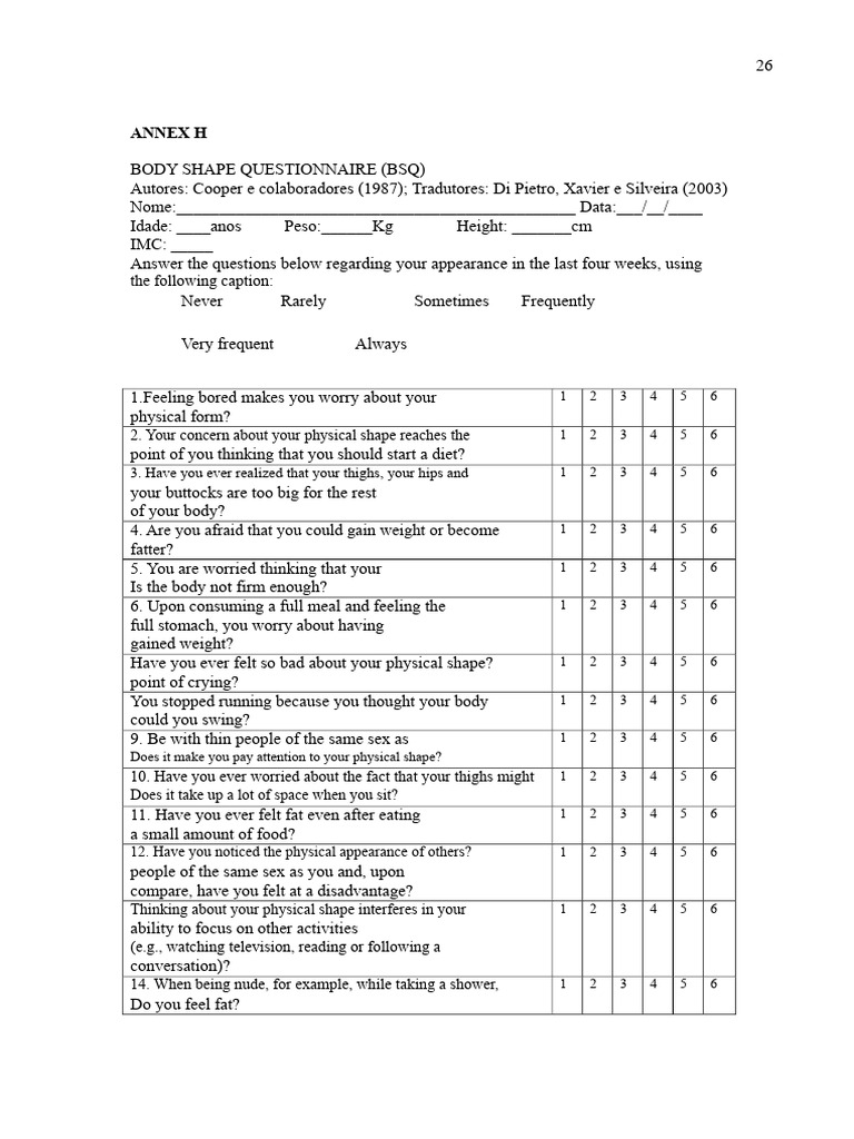 BODY SHAPE QUESTIONNAIRE (BSQ) | PDF | Body Shape