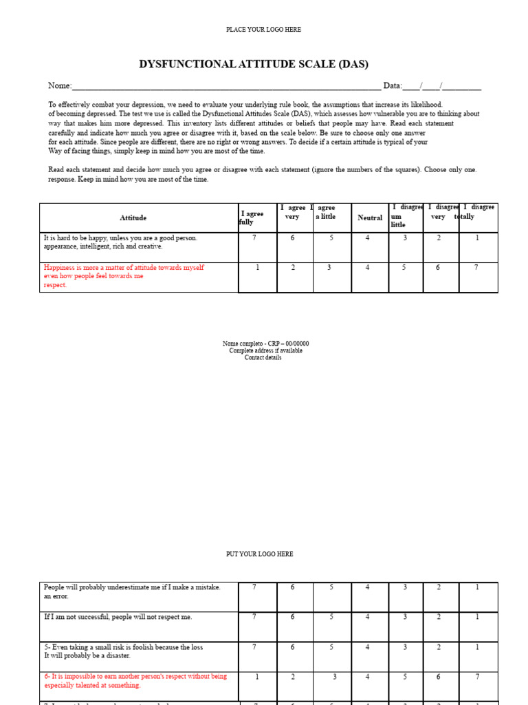 Dysfunctional Attitude Scale Assessment | PDF | Social Psychology ...