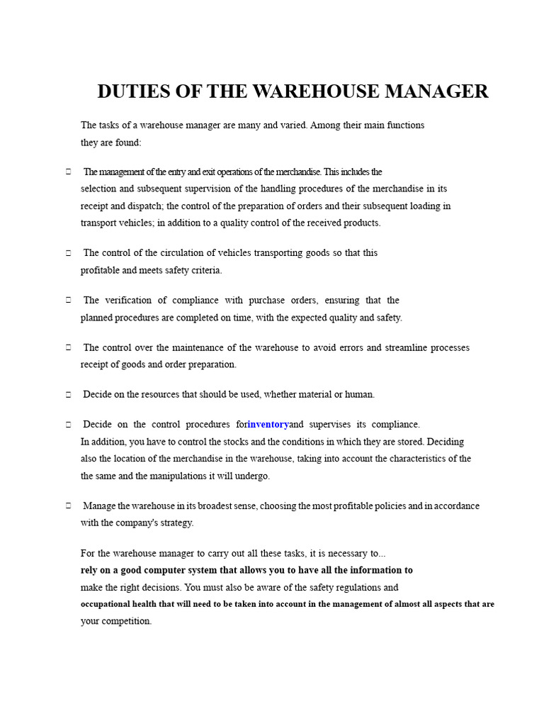 Warehouse Manager Responsibilities Explained | PDF | Warehouse ...
