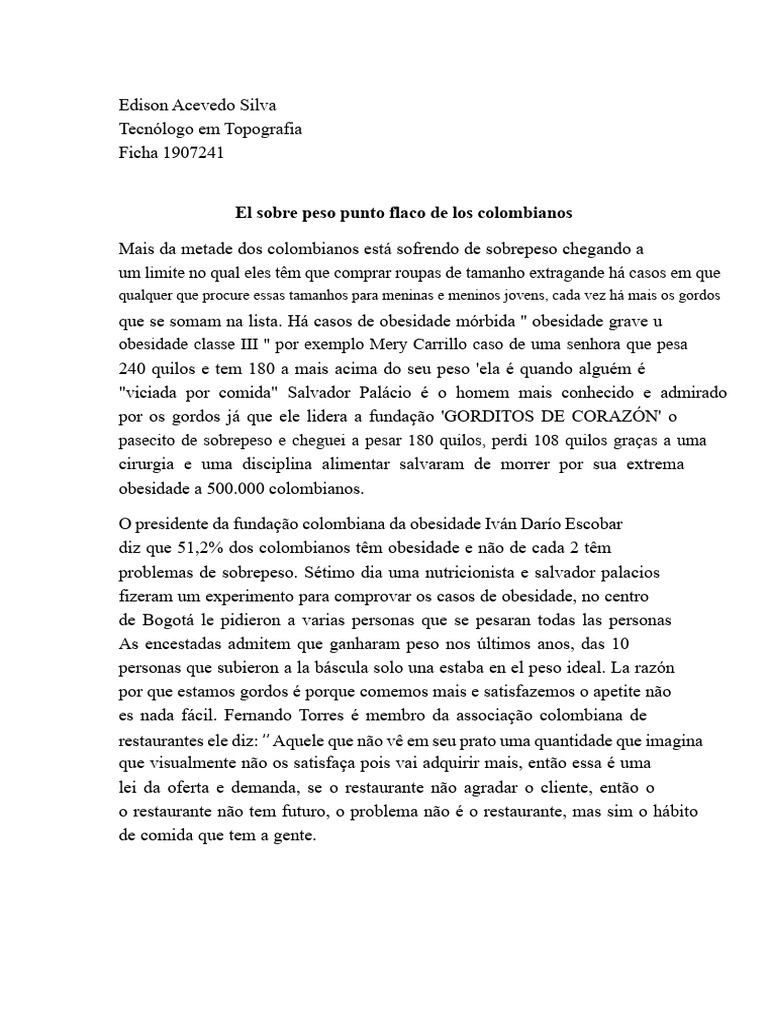 O sobrepeso ponto fraco dos colombianos | PDF | Obesidade | Colômbia