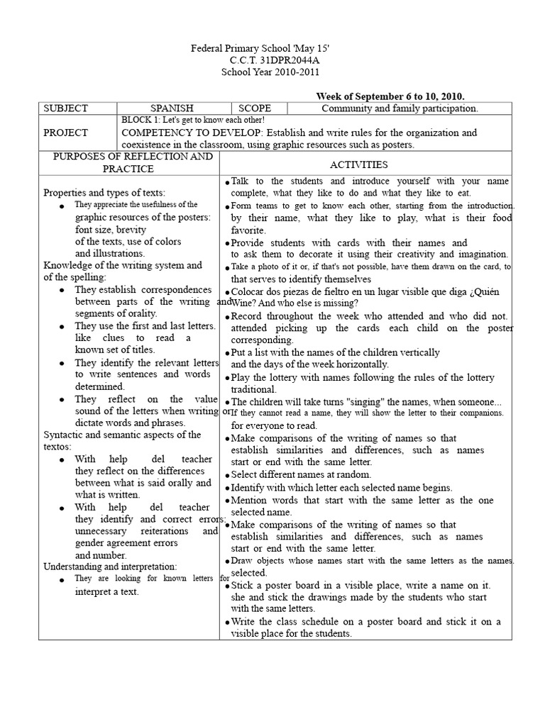 First Grade Lesson Plan Block I 2010-2011 | PDF | Senses | Semantics