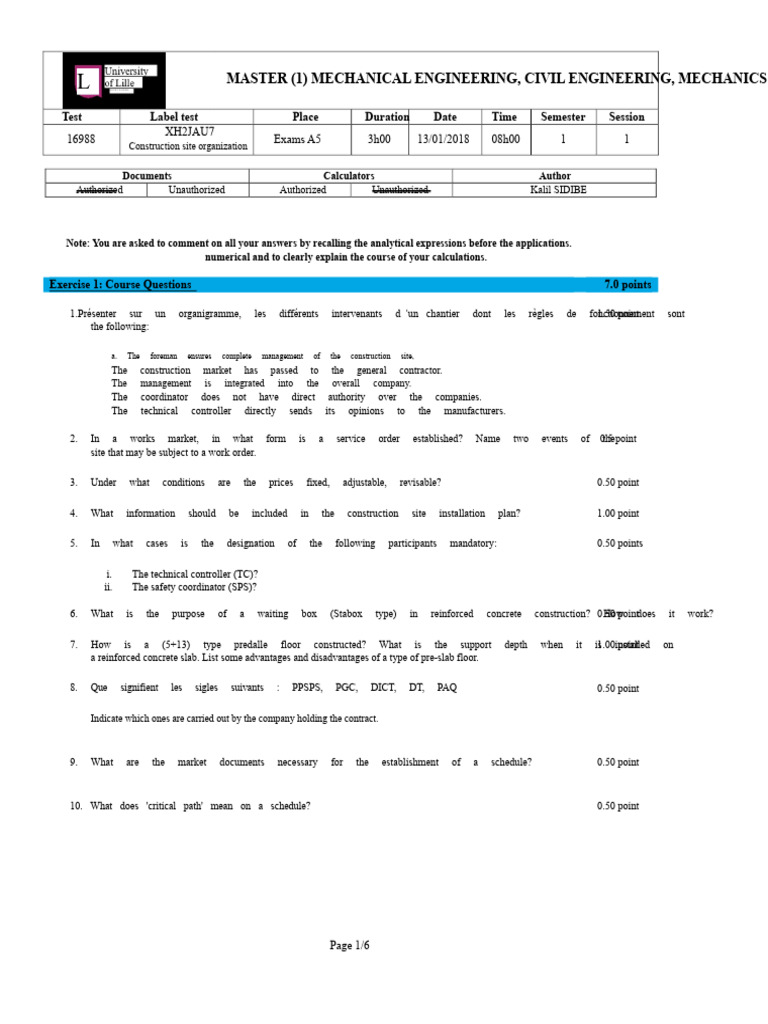 Exam 2017-2018 - M1GC S1 Construction Site Organization | PDF | Concrete