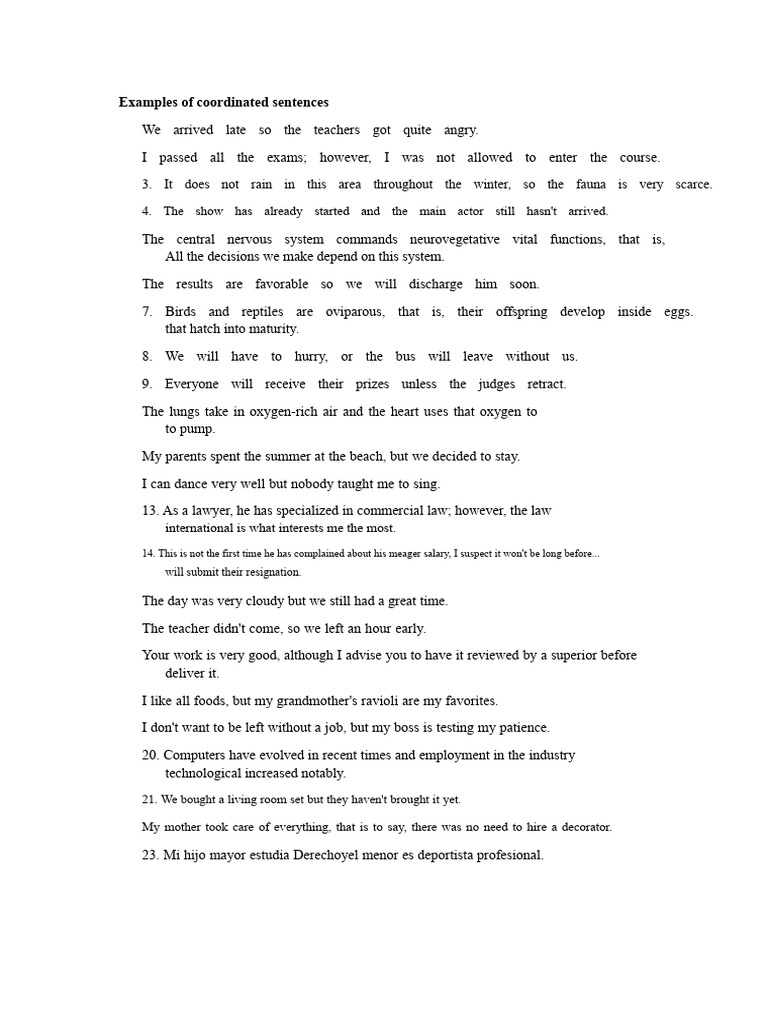 Coordinated and Subordinate Sentence Examples | PDF | Adjective | Adverb