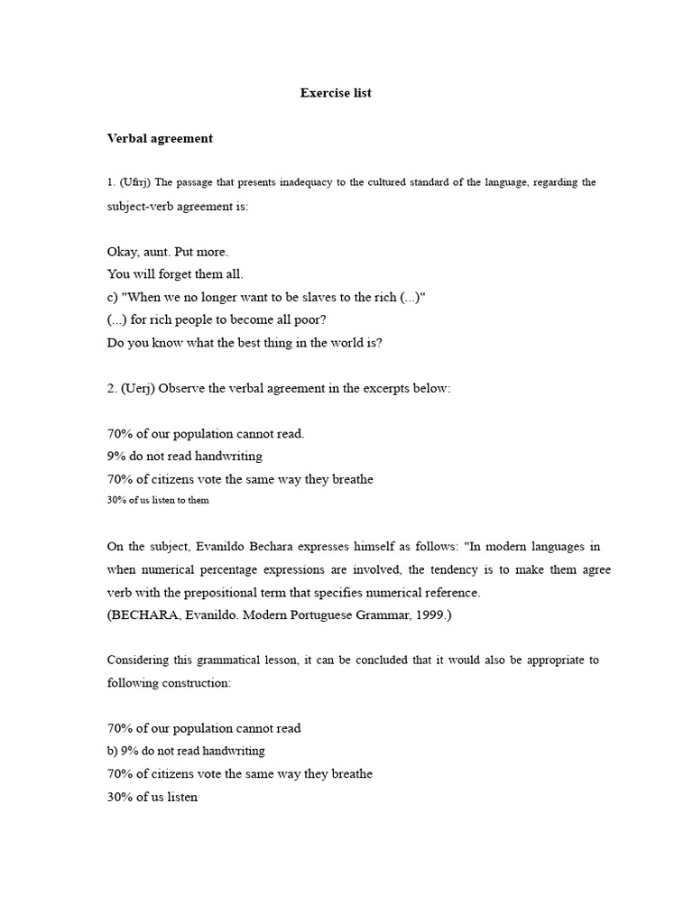 Exercise List - Verbal Agreement and Nominal Agreement | PDF | Grammar ...
