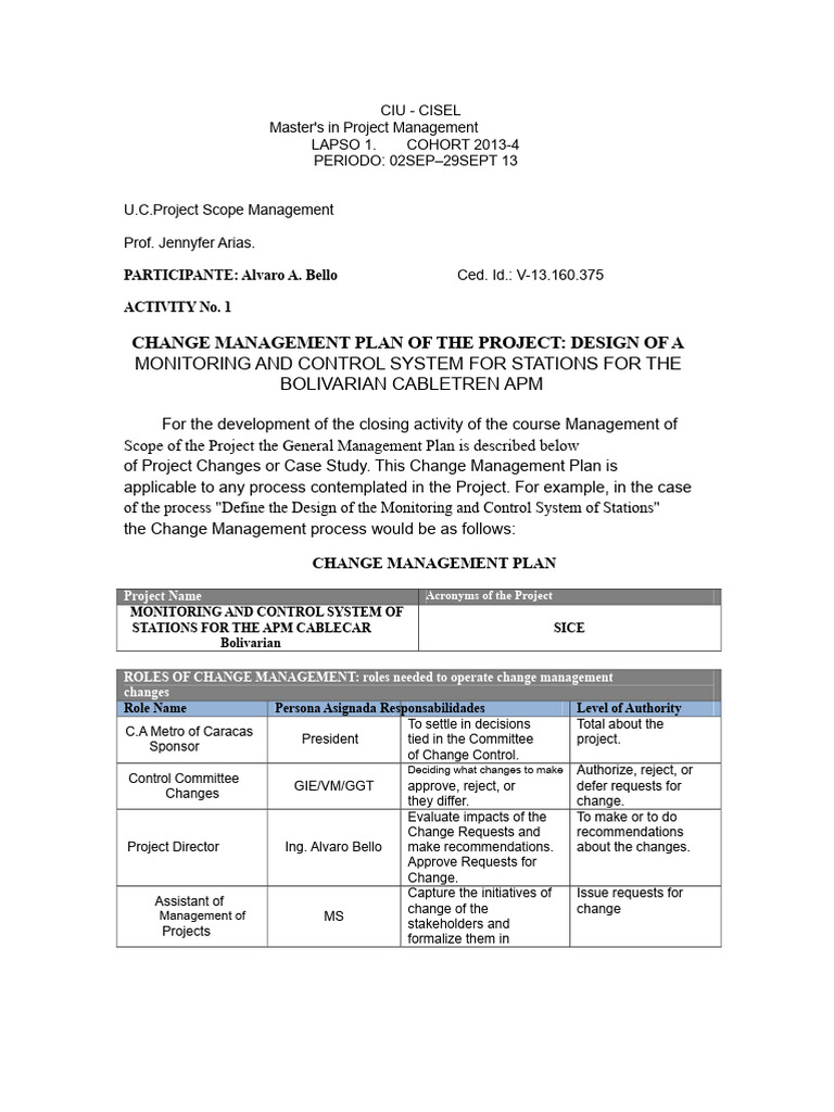 Change Management Plan for APM Cablecar | PDF