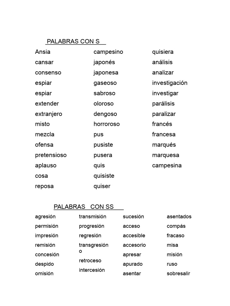 Palabras en español con S, SS, Z, C y Ç | PDF