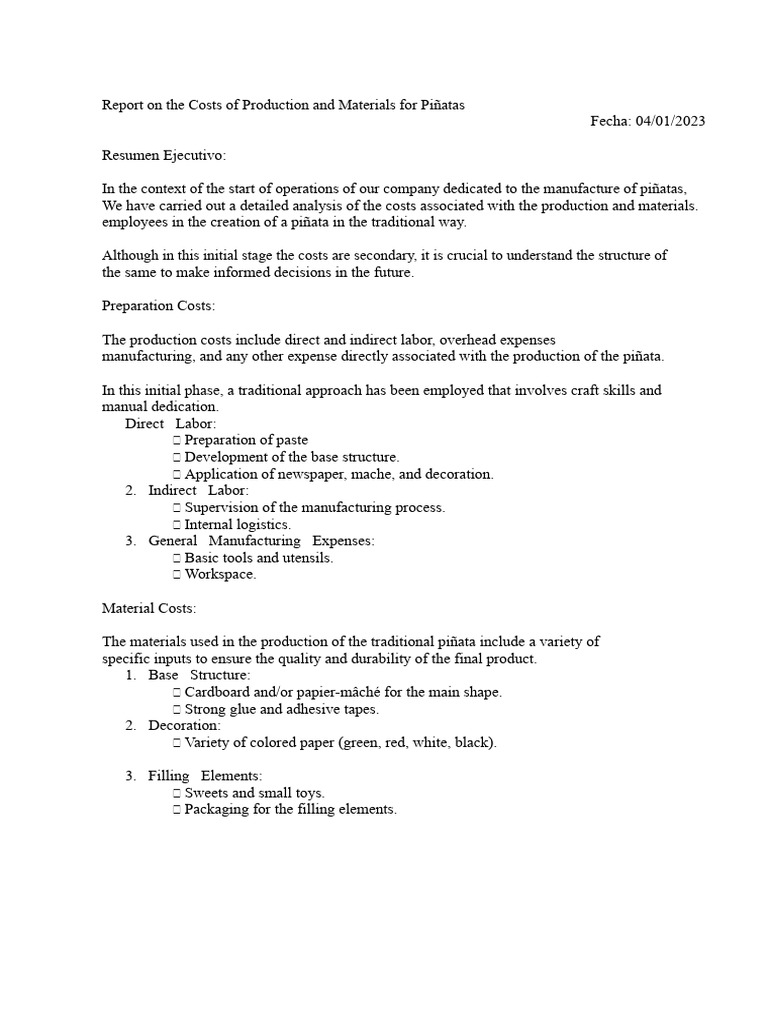 Cost Report for the Production and Materials of Piñatas | PDF | Expense ...