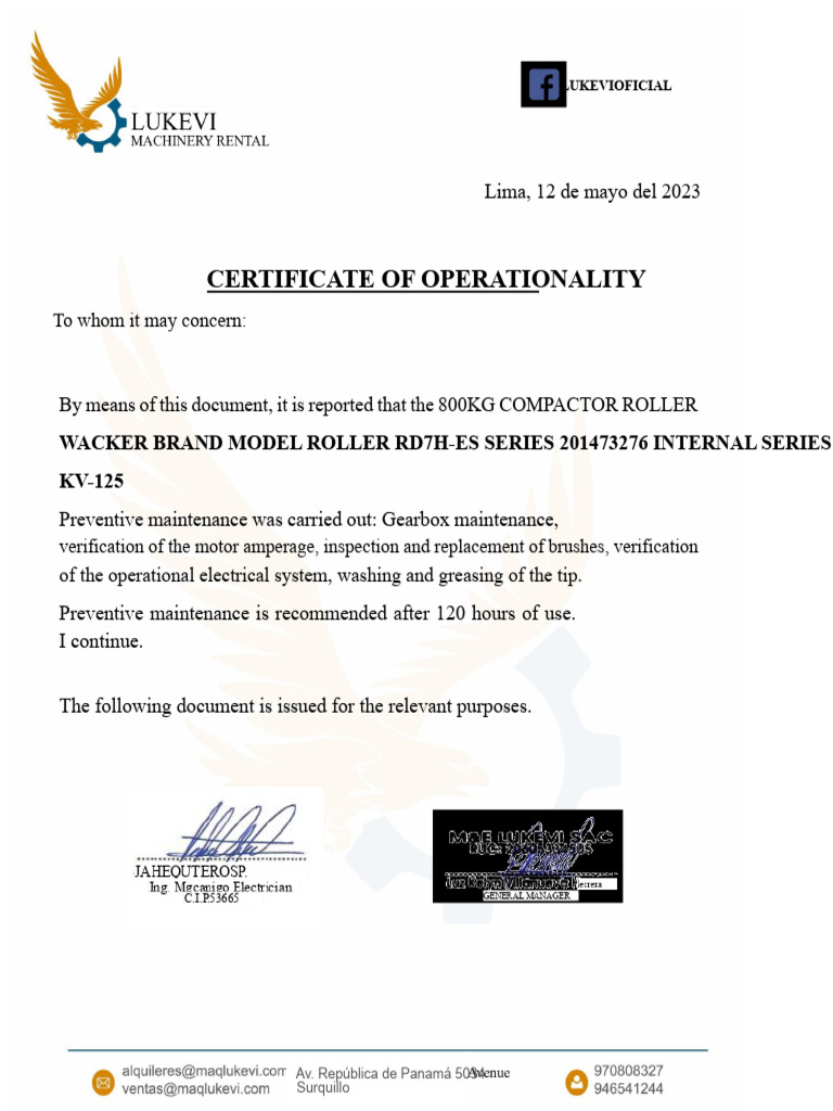Certificate of Compactor Roller Maintenance | PDF