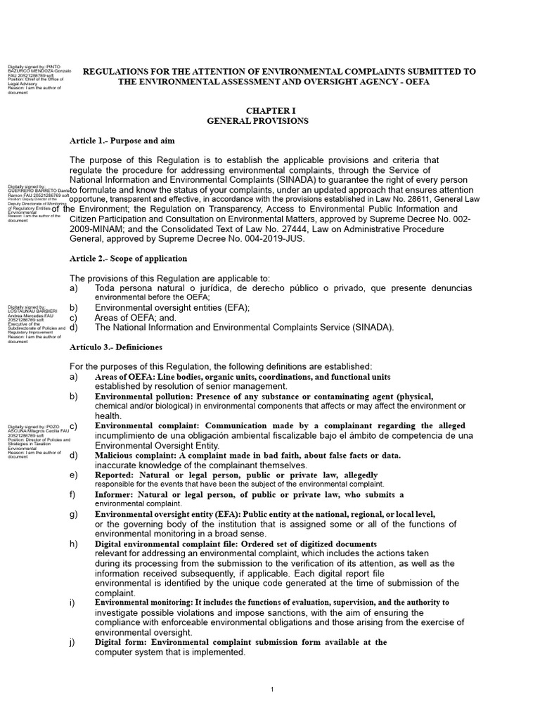 Environmental Complaint Regulations OEFA | PDF | Complaint ...