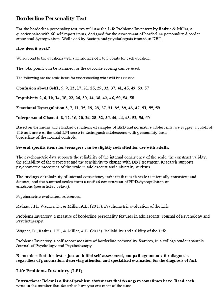 Borderline Personality Disorder Test Guide | PDF | Borderline ...