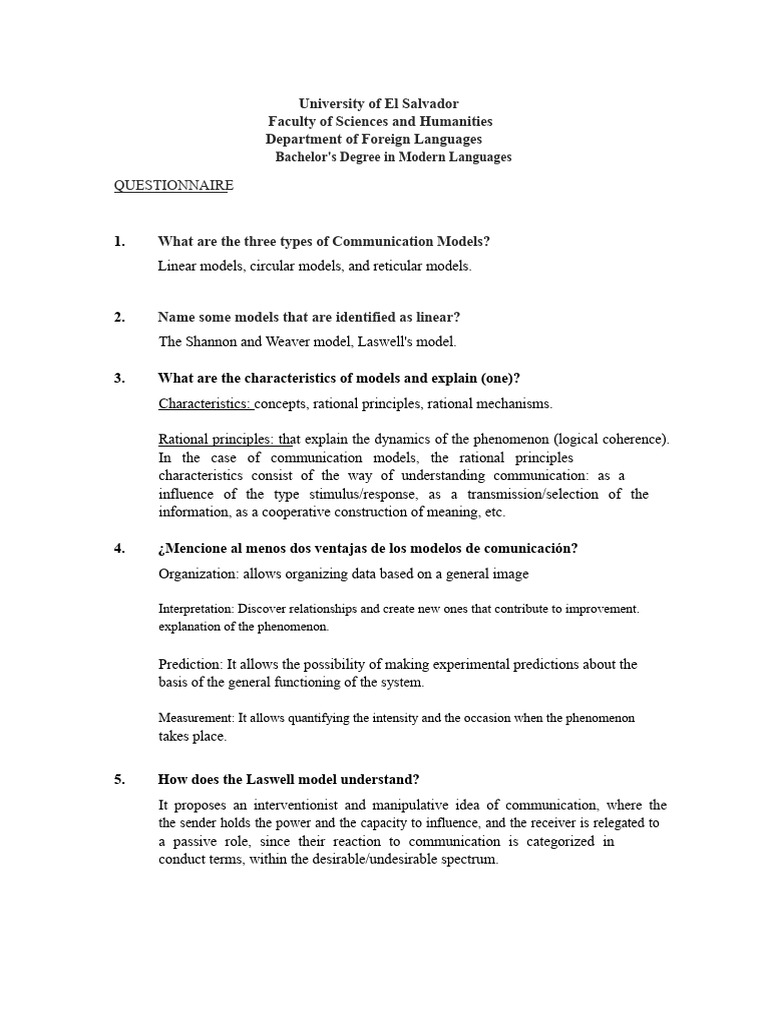 Communication Models Questionnaire | PDF | Communication | Psychology