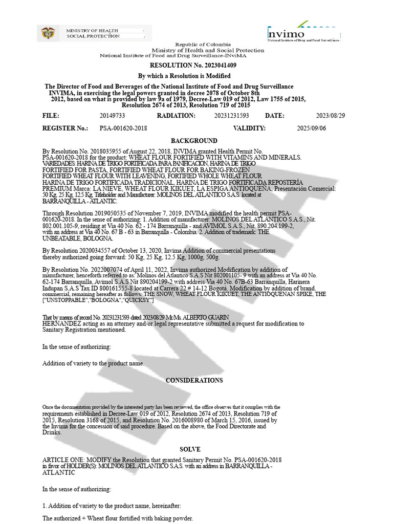 SANITARY PERMIT INVIMA WHEAT FLOUR | PDF | Flour | Cereals