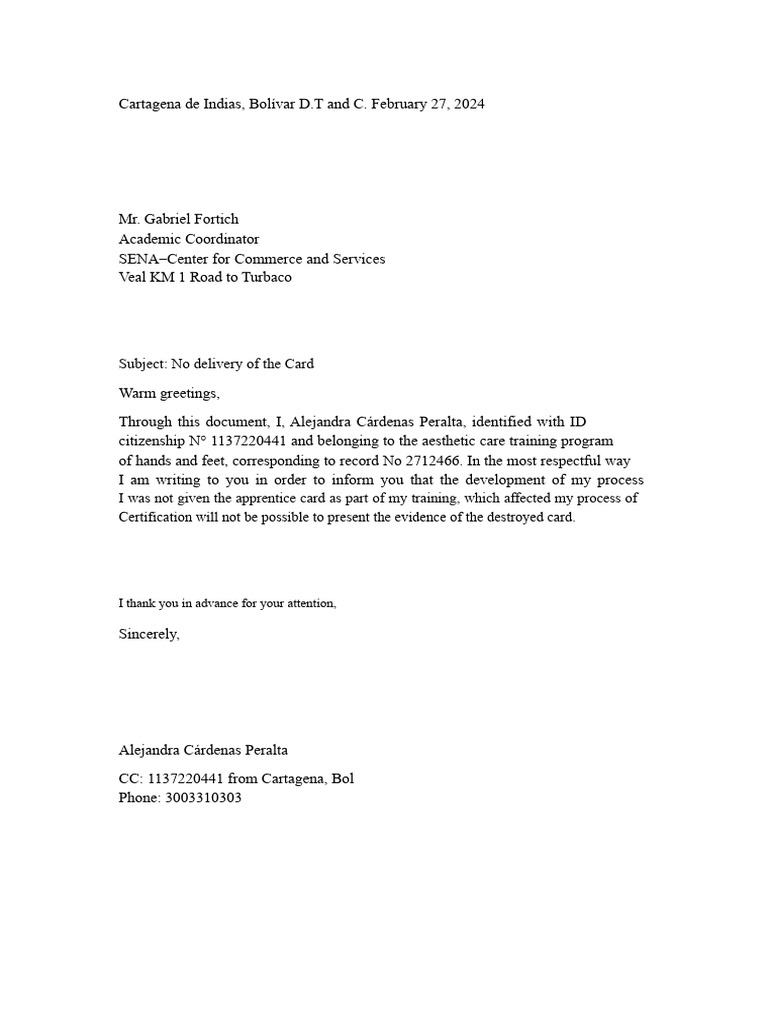 Letter of Non-Delivery of The Institutional Card | PDF