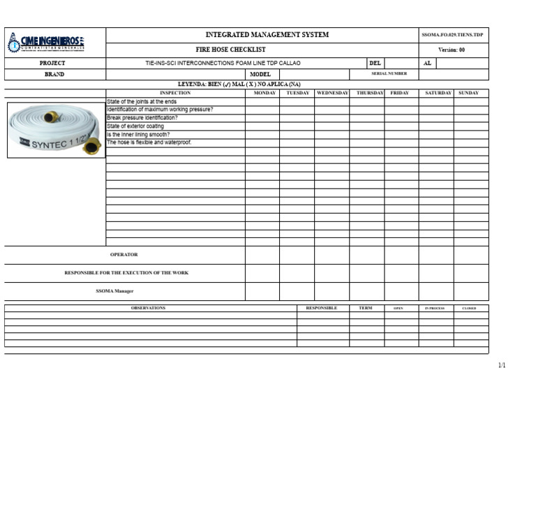 SSOMA.fo.029.TIENS.tdp Fire Hose Check List | PDF