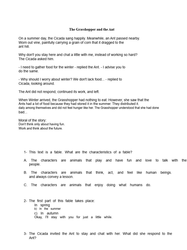 The Ant and Grasshopper Fable Summary | PDF