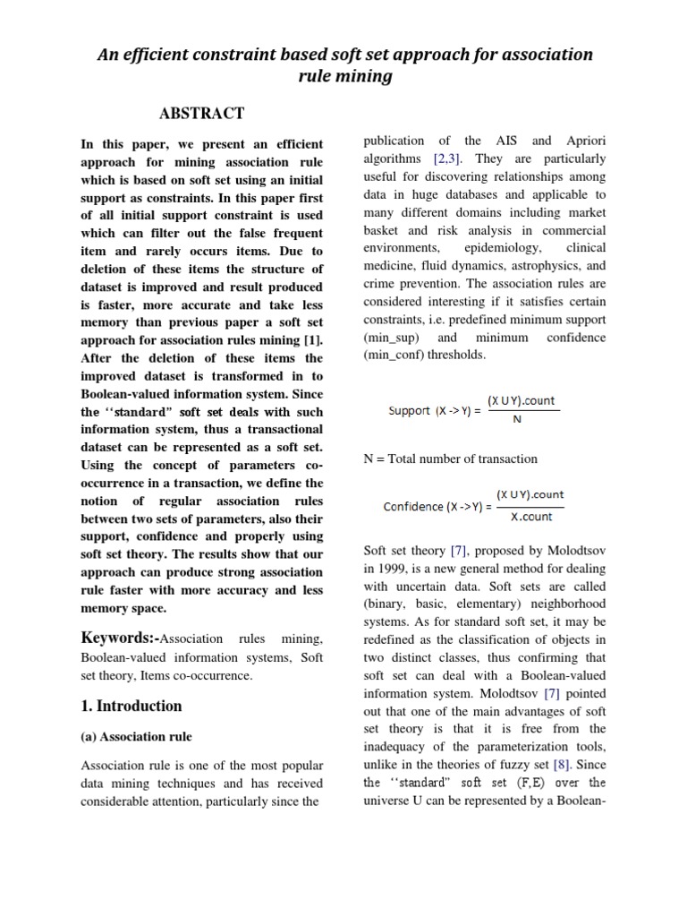 An Efficient Constraint Based Soft Set Approach For Association Rule Mining | PDF | Applied ...
