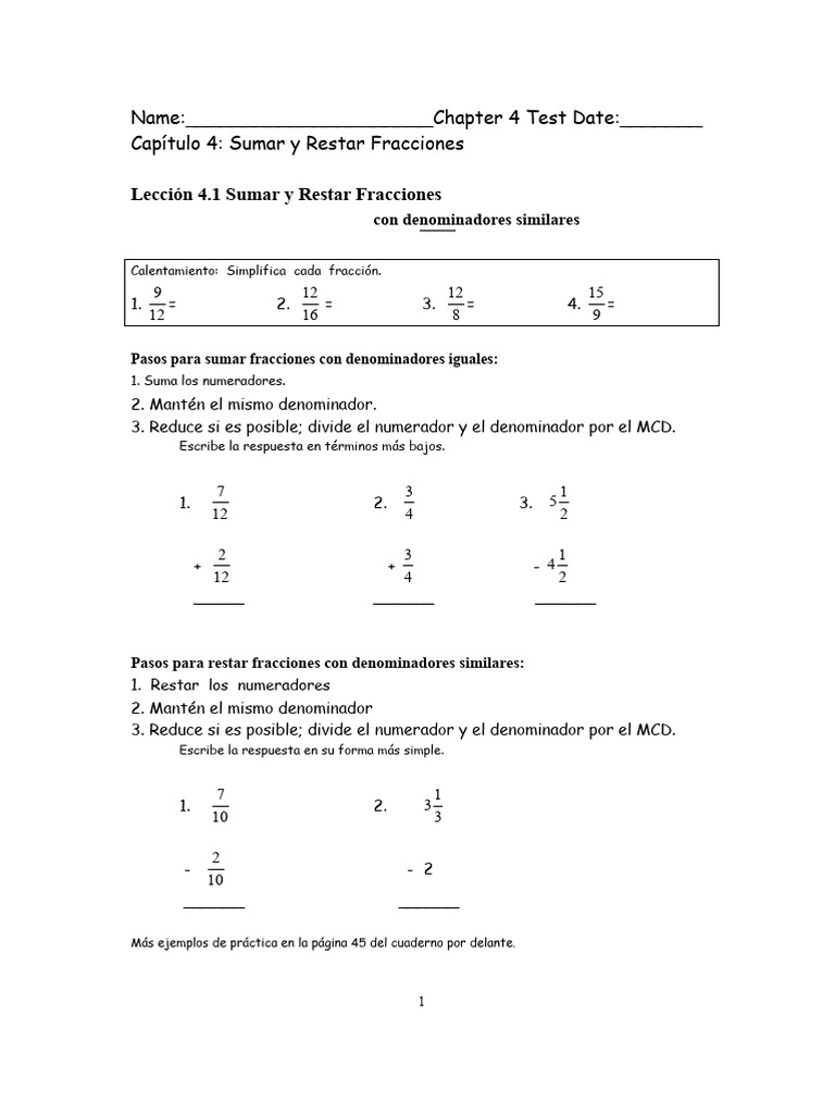 Capítulo 4 Notas - Sumar y Restar Fracciones | PDF | Sustracción ...