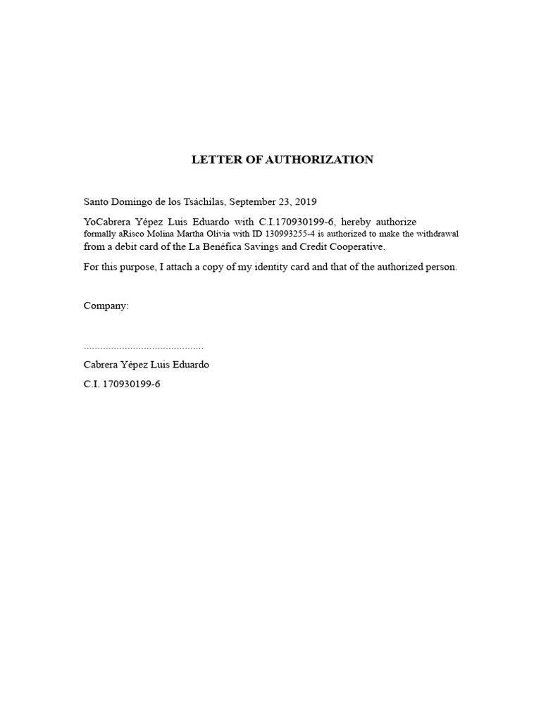 Authorization Letter for Debit Card Withdrawal | PDF