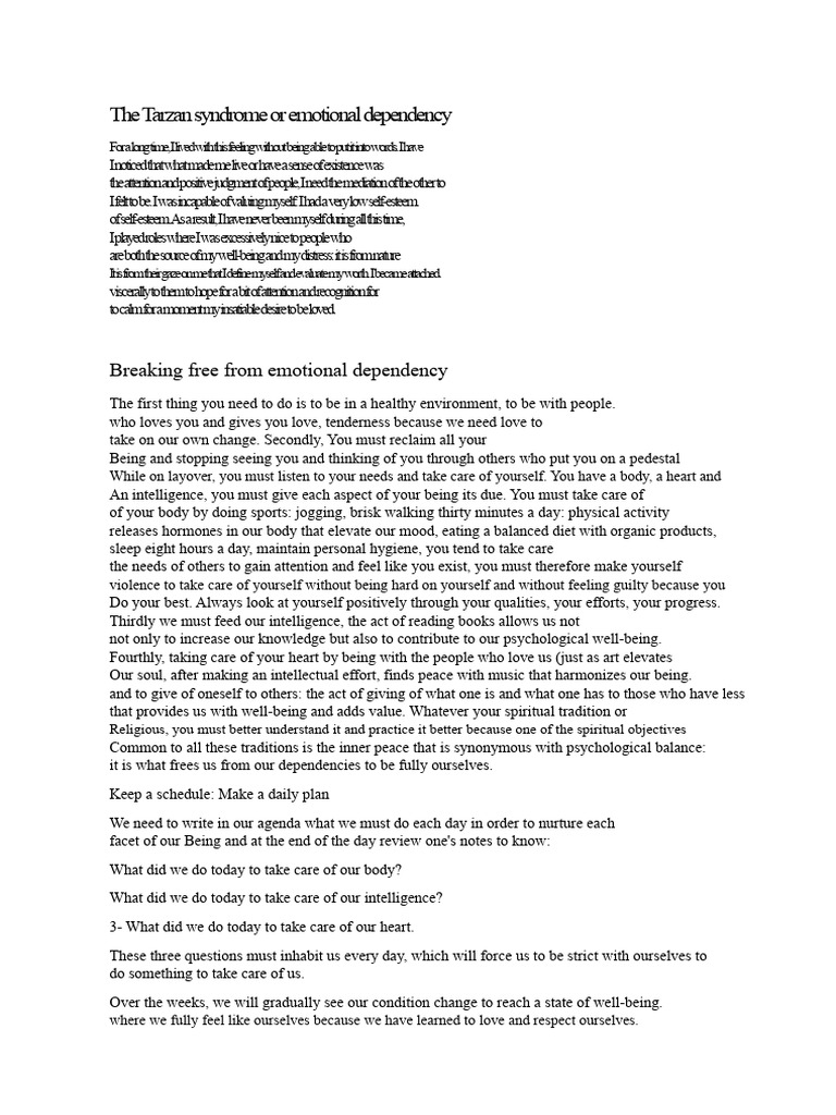The Tarzan syndrome or emotional dependence | PDF | Well Being ...