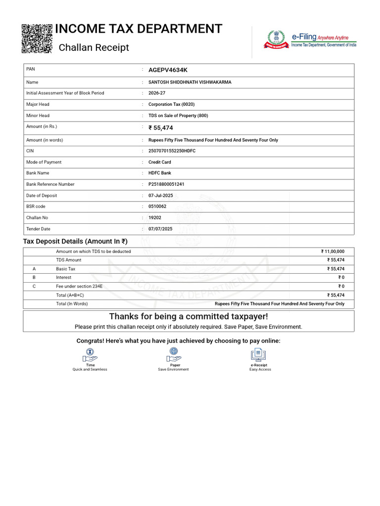 25070701552250HDFC_ChallanReceipt | PDF | Taxes | Receipt