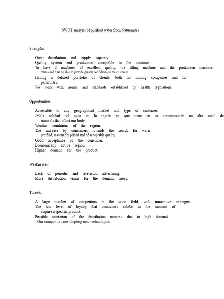 SWOT Analysis of Naturandes Purified Water | PDF