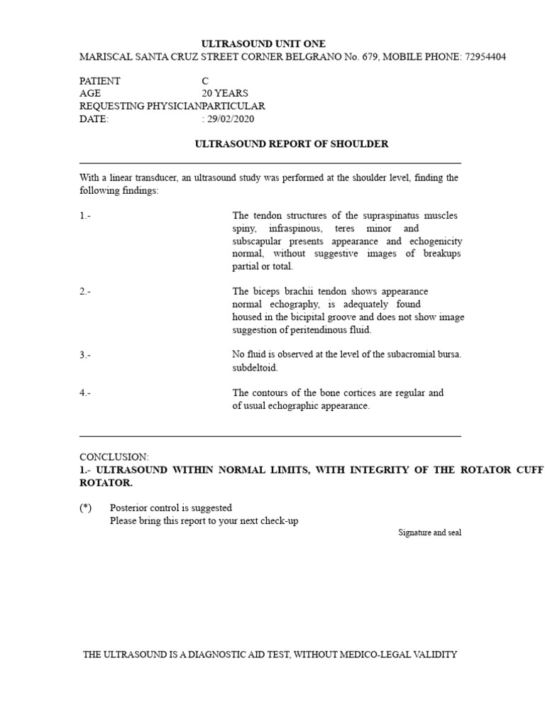 Normal Shoulder Ultrasound Report | PDF