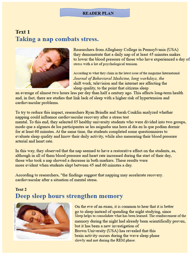 READING PLAN - Napping combats stress | PDF | Sleep | Blood Pressure