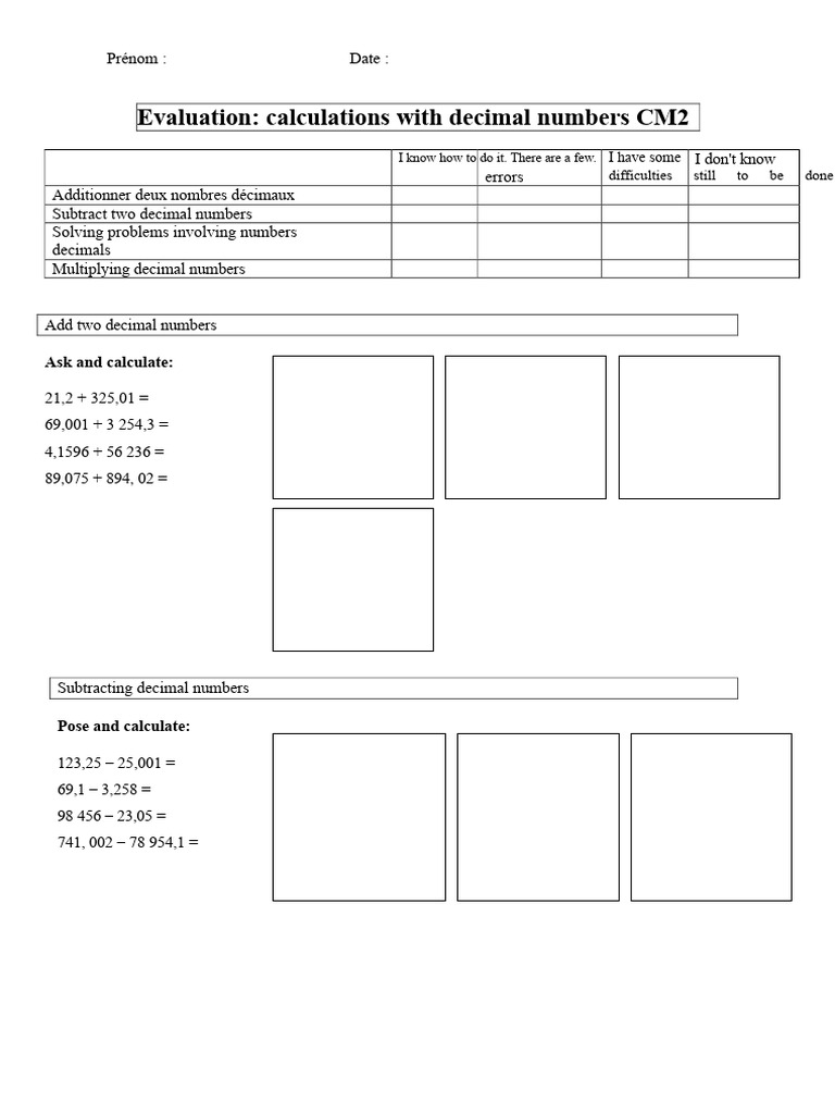 Evaluation Calculations Decimal Numbers Grade 5 | PDF