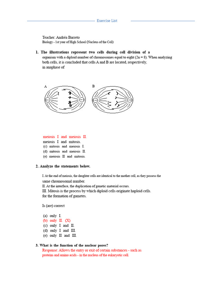 List of Exercises Meiosis and Mitosis | PDF | Meiosis | Mitosis