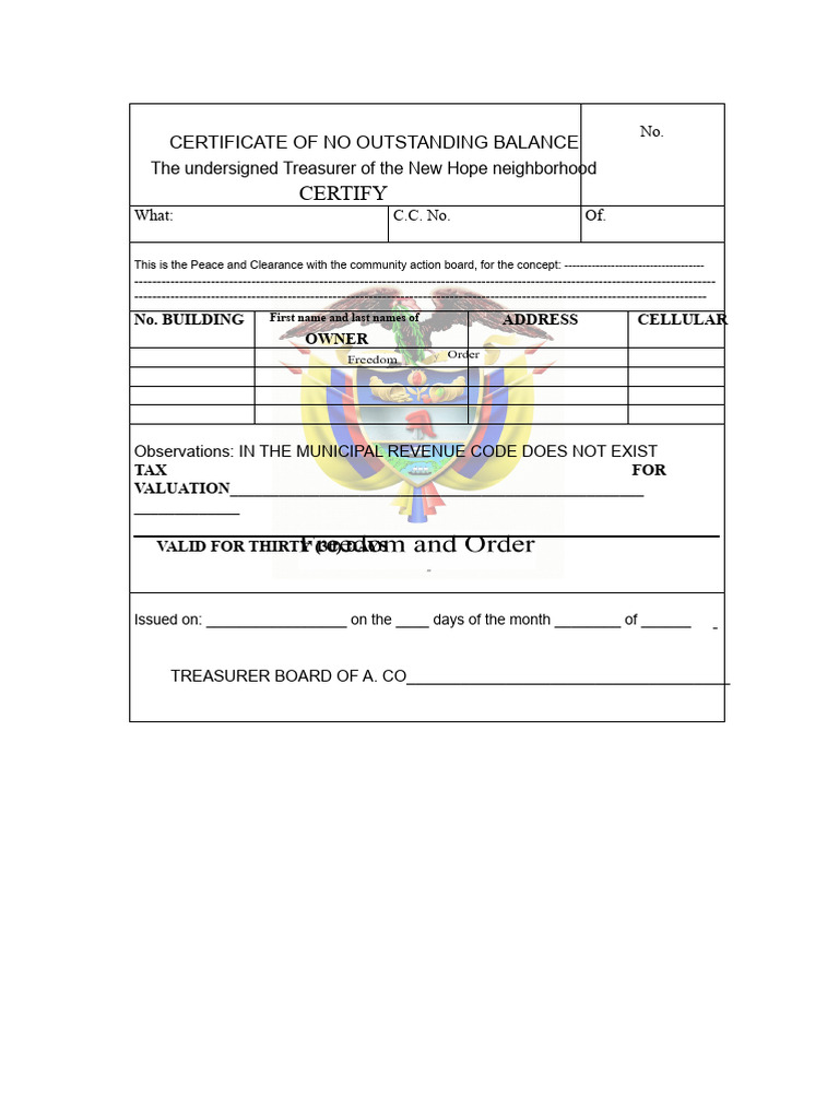 Certificate of No Outstanding Balance | PDF