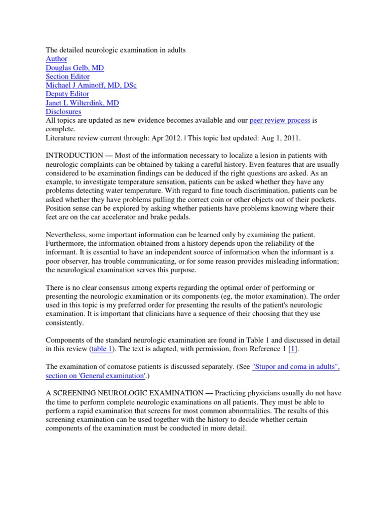 The Detailed Neurologic Examination in Adults | PDF | Anatomical Terms ...