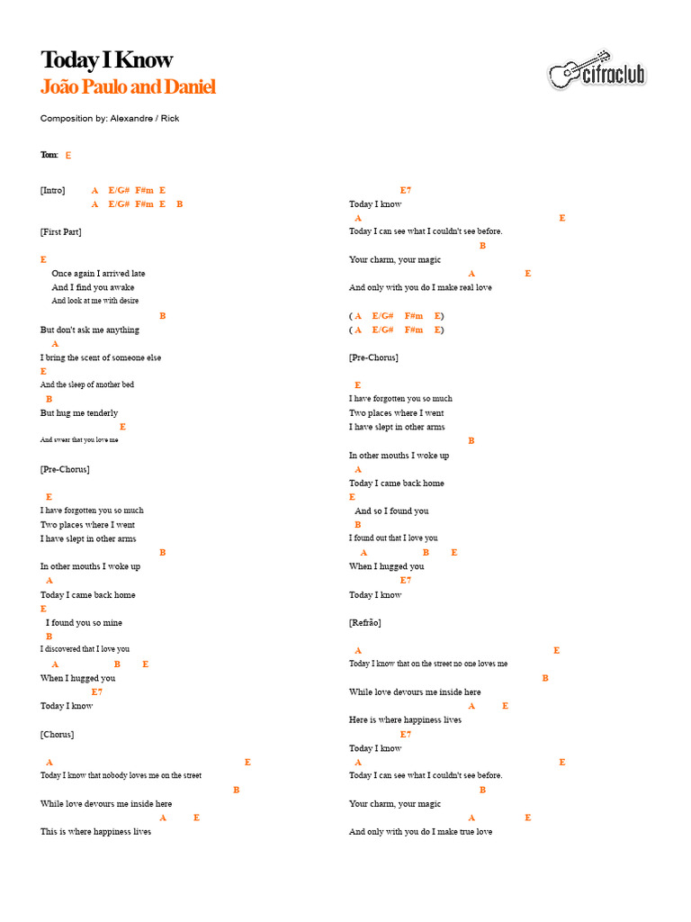 Cifra Club - João Paulo and Daniel - Today I Know | PDF