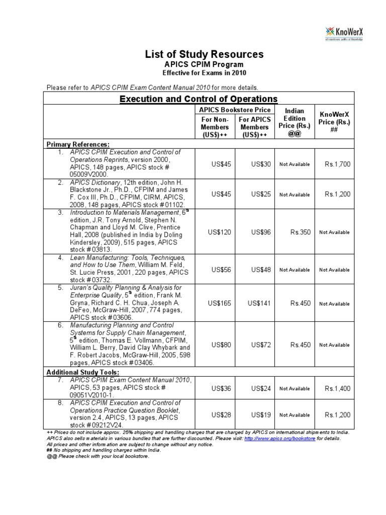APICS CPIM Study Resources 2010 With Prices ECO | PDF