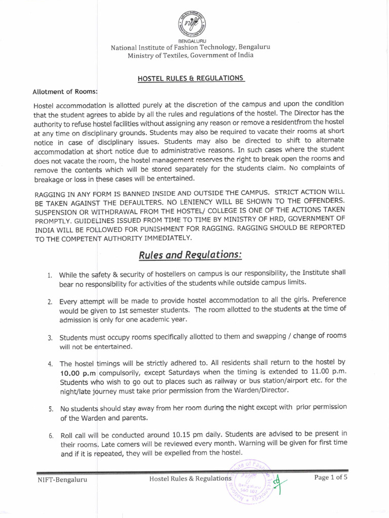 NIFT, Bengaluru - Hostel Rules and Regulations (Admission 2024) | PDF