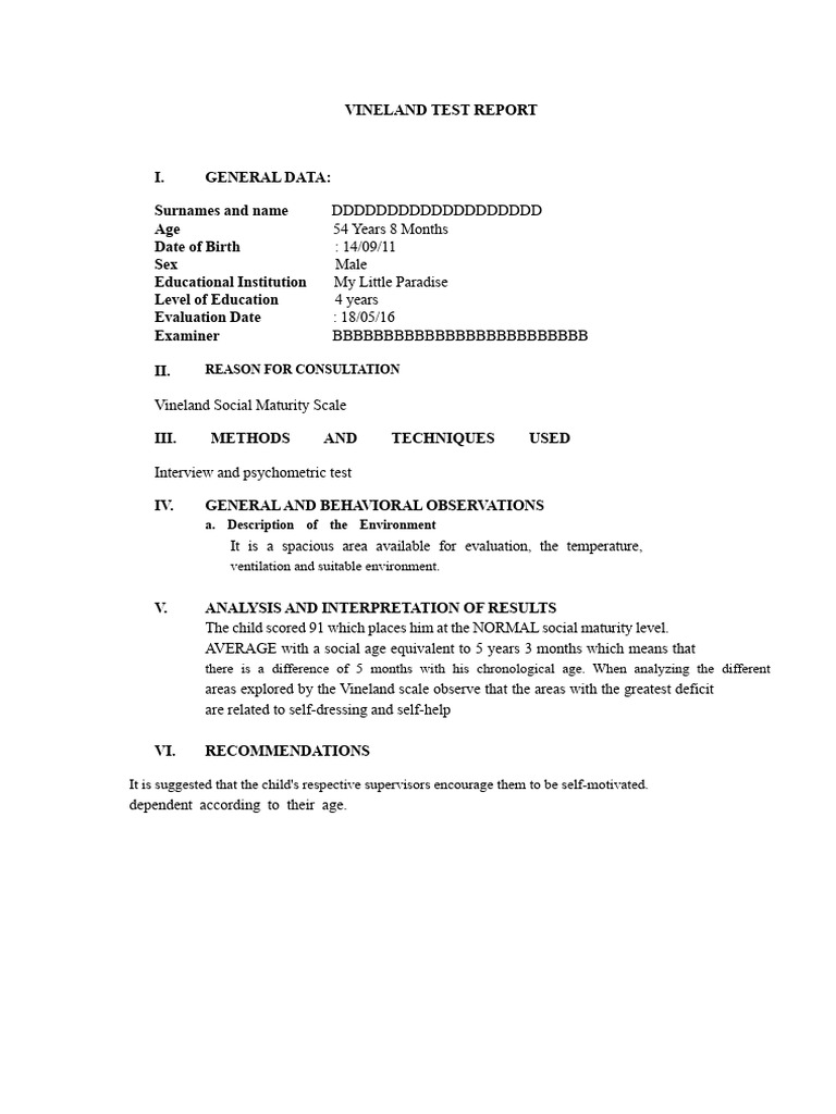 Vineland Test Report 34 | PDF