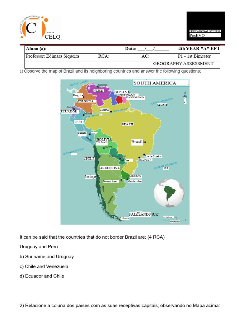 GEOGRAPHY TEST - P1 - 4TH GRADE. | PDF | South America | Association ...