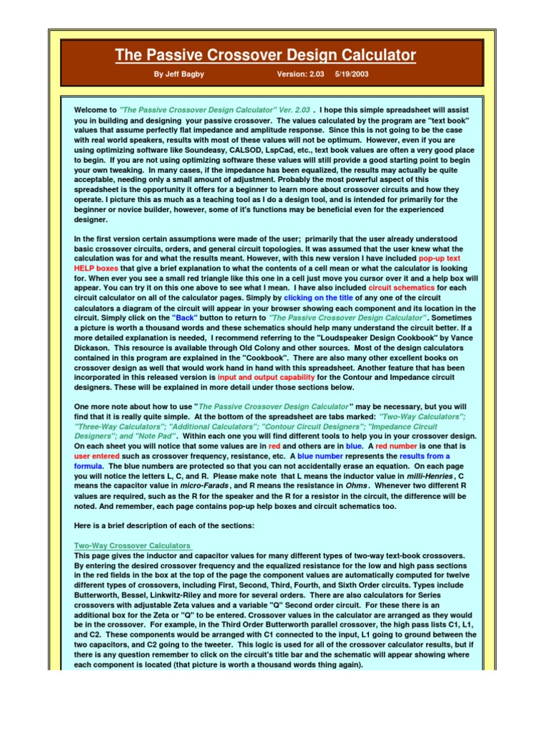 Passive Crossover Design Calculator 2.03 | PDF | Loudspeaker | Inductor