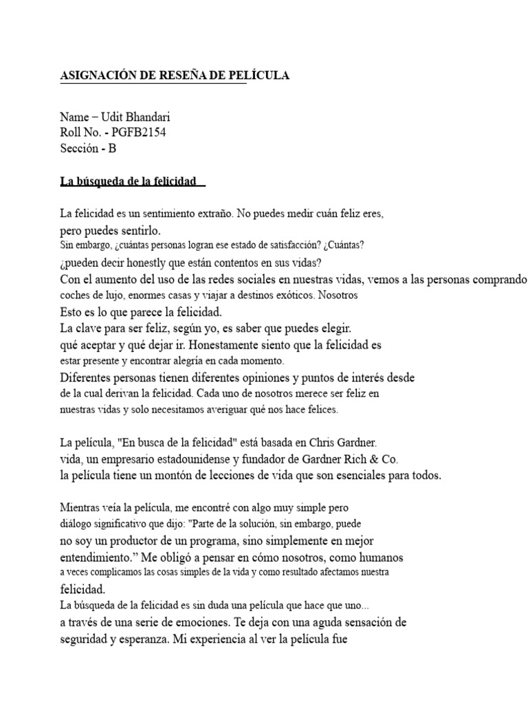 Trabajo de Reseña de Película | PDF | Felicidad