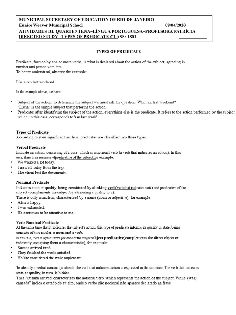 8TH GRADE HANDOUT - TYPES OF PREDICATE | PDF | Subject (Grammar) | Verb