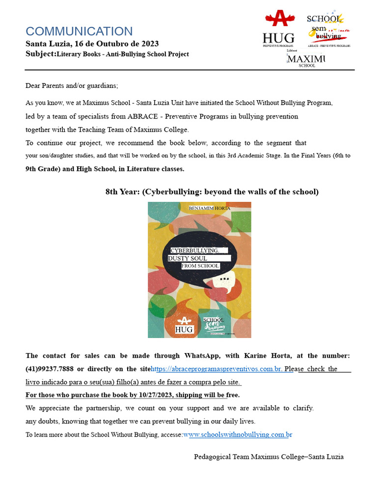 Announcement - Book Project School Without Bullying 8th Grade | PDF