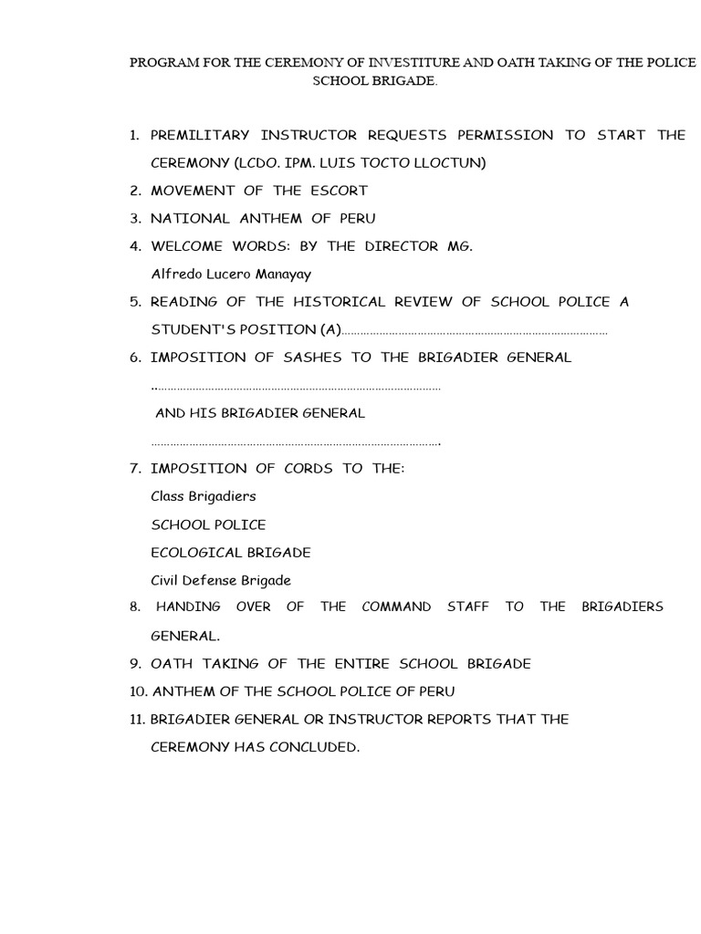 Program for the Ceremony of Induction and Swearing-in of the Police and ...