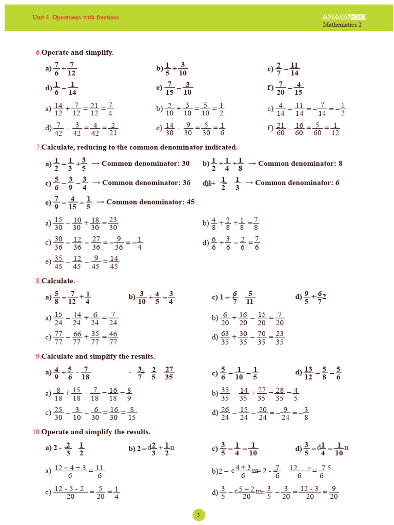 Operations with Fractions: Exercises and Solutions | PDF ...