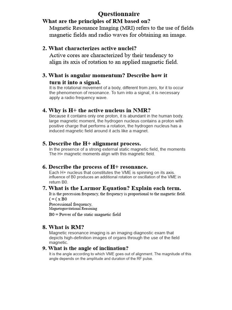 Questionnaire | PDF | Magnetic Resonance Imaging | Nuclear Magnetic ...