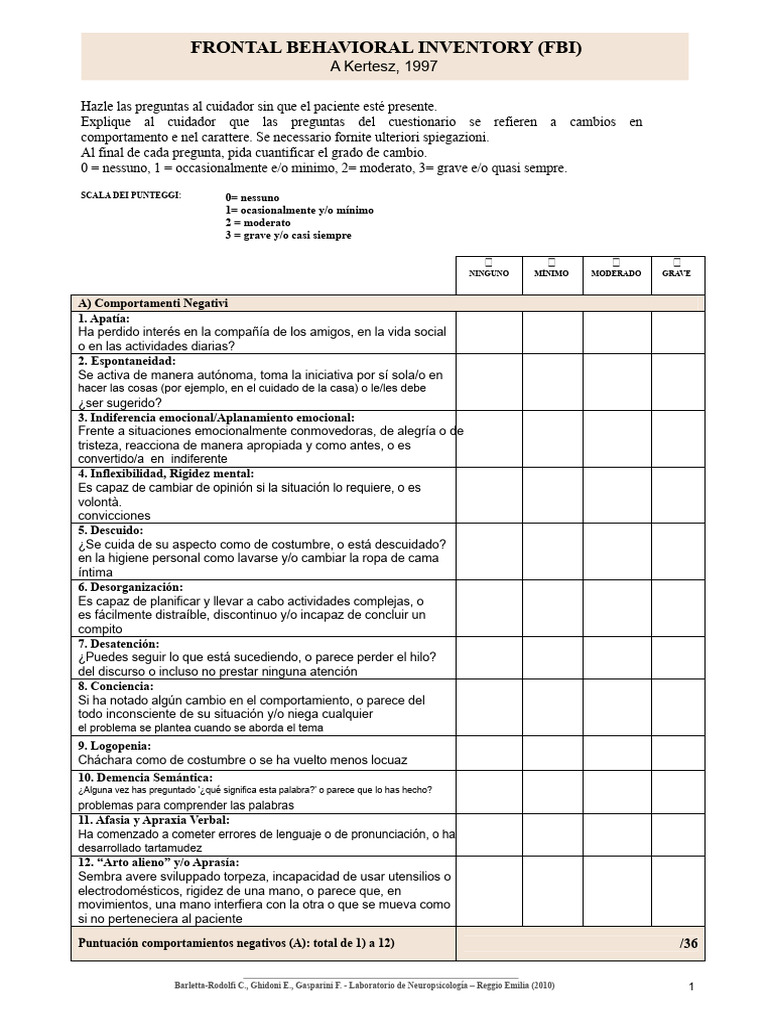 Frontal Behavioral Inventory (Fbi) : A Kertesz, 1997 | PDF | Ciencias ...