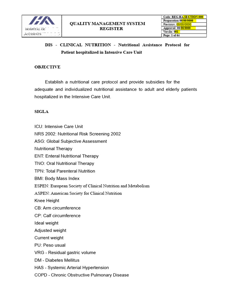Nutritional Assistance Protocol for Hospitalized Patients in ICU | PDF ...