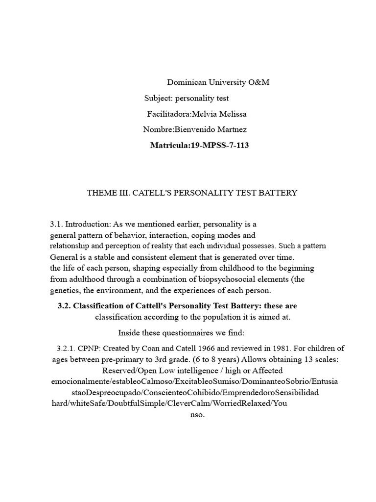 PERSONALITY TEST BATTERY. WELCOME MARTINEZ | PDF | Psychology ...