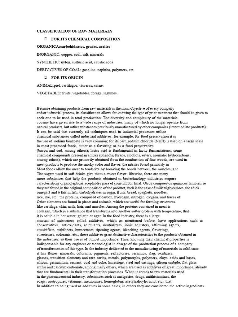 Classification of Raw Materials | PDF | Chemical Substances | Foods