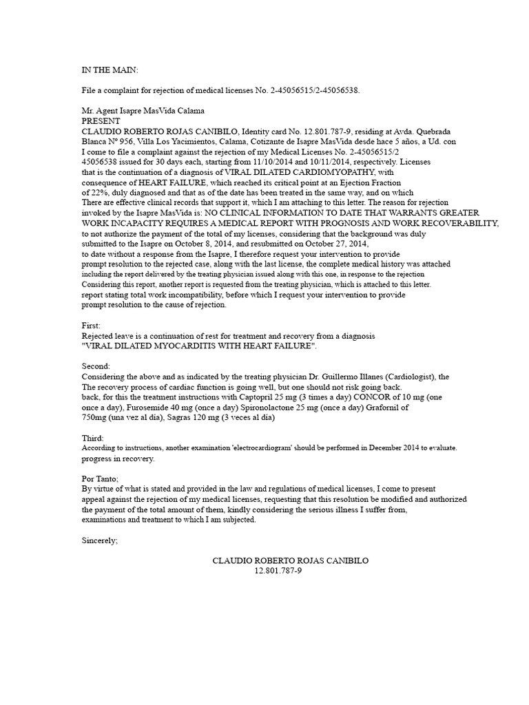 Letter of Appeal for Medical Leave to Isapre | PDF | Heart Failure ...