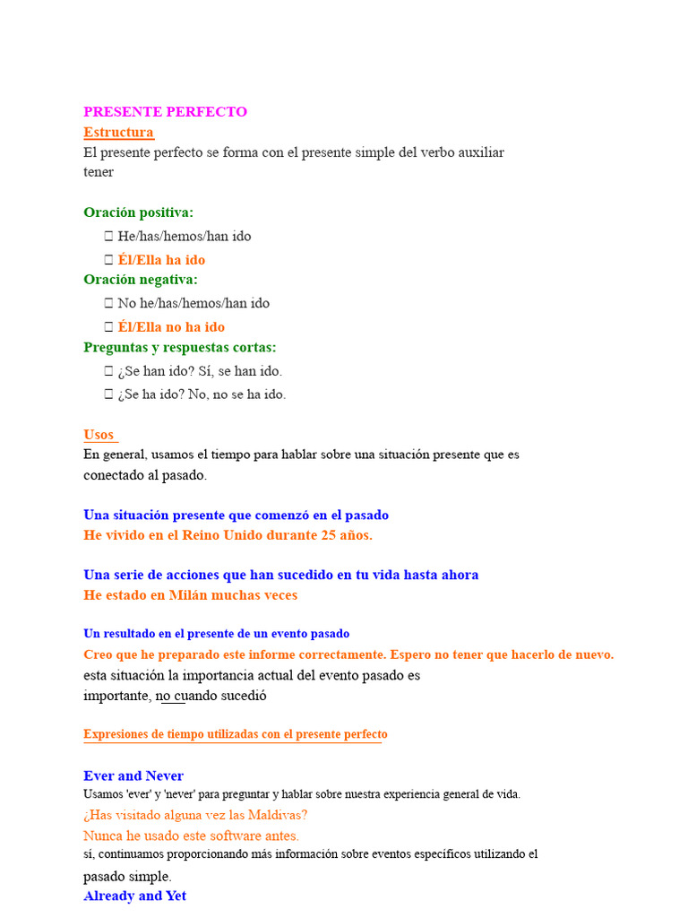 Guía del Presente Perfecto en Inglés | PDF